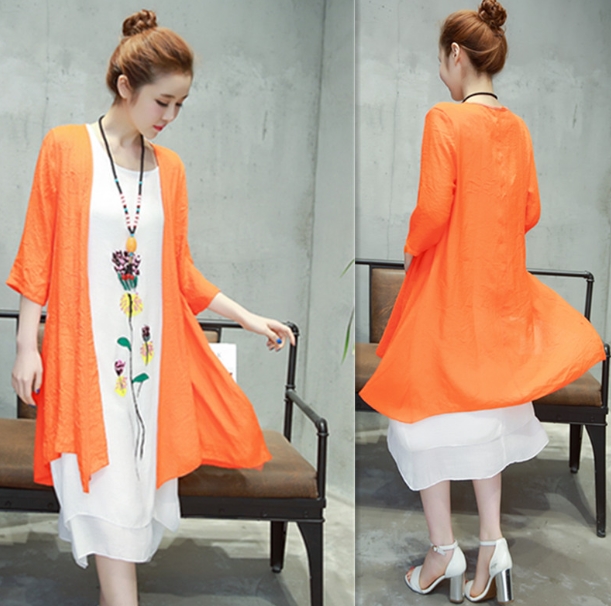 ツーピース カーディガン ワンピドレス ロング ロング丈 袖なし 袖あり ノースリーブ 7分袖 七分袖 ラウンドネック 襟なし 前開き 2点セット かわいい 大人可愛い シンプル カジュアル おしゃれ レトロ アジアン エスニック エキゾチック ラフ 柄 夏 秋 20代 30代 レディース