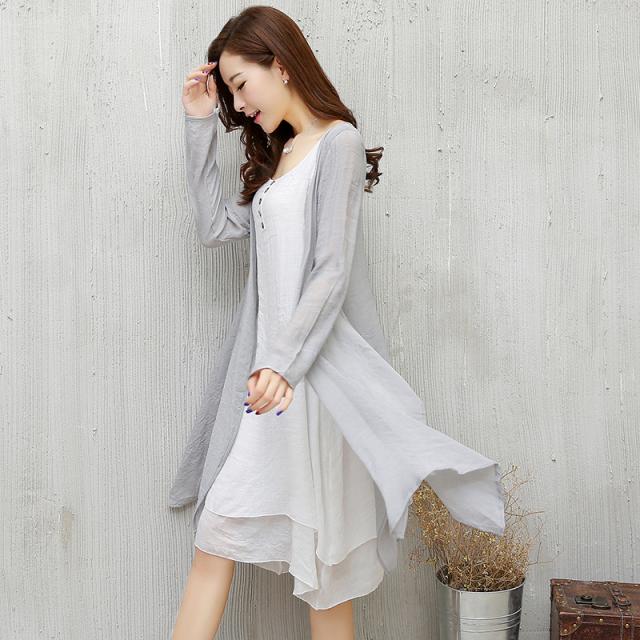 ２点セット ワンピース カーディガン ロングカーディガン 膝丈 ひざ丈 長袖 ノースリーブ ラウンドネック Iライン リネン ツーピース かわいい シンプル 大人 おしゃれ お洒落 アジアン エスニック 大人女子 こなれ感 ラフ 無地 春 夏 秋 10代 20代 30代 40代 50代 60代 ママ