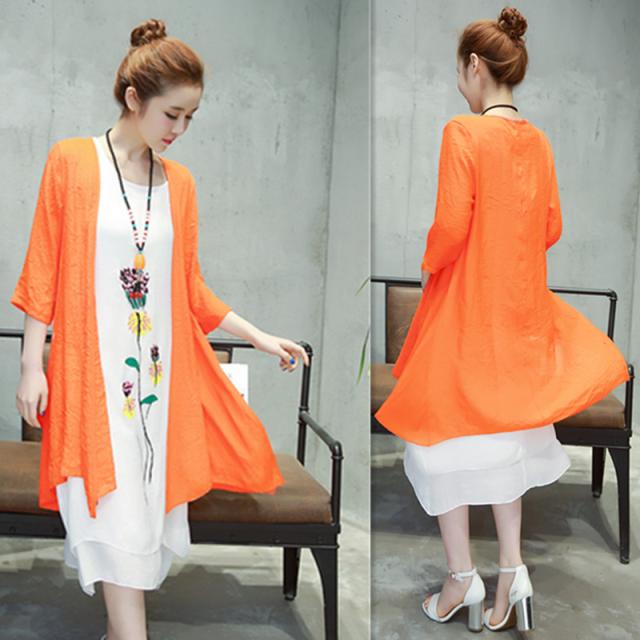 ３点セット ロングカーディガン ノースリーブ ワンピース ネックレス 羽織り 膝下 ミモレ ミモレ丈 7分袖 七分袖 ラウンドネック 刺繍 綿 リネン ツーピース きれいめ カジュアル おしゃれ お洒落 アジアン エスニック エキゾチック 大人女子 花柄 夏 10代 20代 30代 40代