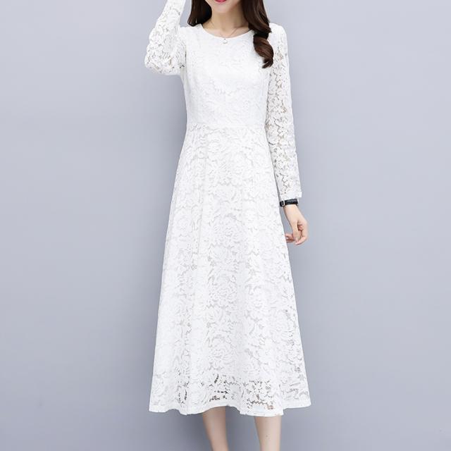ワンピース ワンピドレス 膝下 ロング ロング丈 袖あり 長袖 ラウンドネック 襟なし セミフレア Aライン レース ハイウエスト かわいい 大人可愛い きれいめ 上品 おしゃれ アジアン エスニック エキゾチック ラフ エレガント 柄 花柄 春 秋 結婚式 二次会 披露宴 20代 30代
