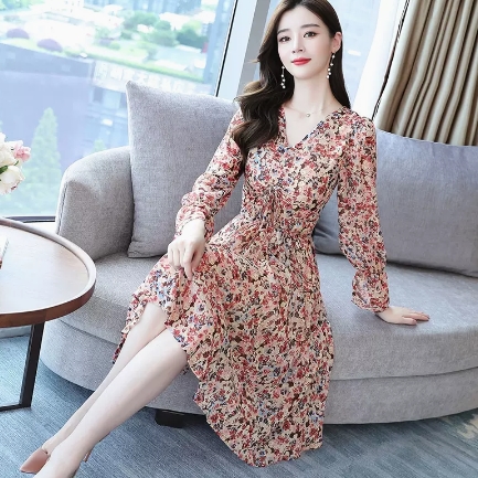 ワンピース ワンピドレス 膝下 ロング ロング丈 袖あり 半袖 萌袖 Vネック 襟付き Aライン シフォン ウエストリボン ハイウエスト ポリエステル かわいい 大人可愛い きれいめ シンプル 上品 おしゃれ レトロ アジアン エスニック エキゾチック ラフ セクシー 柄 花柄 春 秋