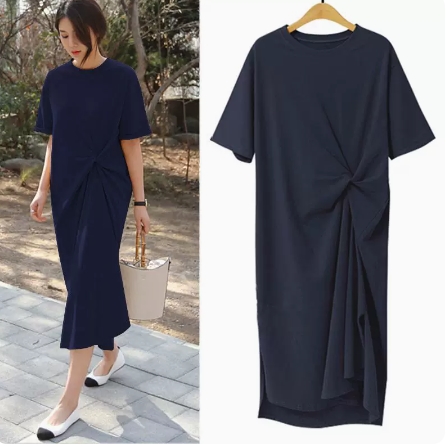 ワンピース ワンピドレス 膝下 ロング丈 袖あり 半袖 ラウンドネック 襟なし ストレート Iライン スリット サイドスリット かわいい 大人可愛い きれいめ シンプル 上品 おしゃれ アジアン エスニック エキゾチック ラフ 無地 夏 秋 20代 30代 40代 レディース 女性用 通勤
