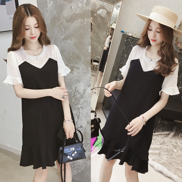 ワンピース ワンピドレス 膝丈 ひざ丈 ミディアム丈 袖あり 半袖 ホルンスリーブ ラウンドネック 襟なし Aライン 切り替えデザイン ドッキング かわいい 大人可愛い シンプル おしゃれ アジアン エスニック エキゾチック ラフ ラブリー キュート 無地 柄 ドット柄 夏 秋 10代