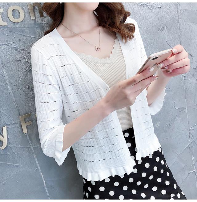 Vネック ショート丈 カーディガン トップス ショート 袖あり 7分袖 七分袖 襟なし フリル リブ 前開き リブニット 編み込み 透け感 ニット サマーニット かわいい 大人可愛い きれいめ シンプル カジュアル 大人 上品 おしゃれ こなれ感 ラブリー キュート ガーリー