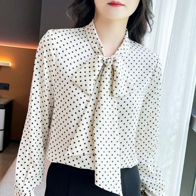 トップス シャツ ブラウス ミディアム丈 袖あり 長袖 襟なし スタンドカラー リボン 前開き かわいい 大人可愛い きれいめ シンプル 大人 上品 おしゃれ お洒落 レトロ アジアン エスニック エキゾチック 大人女子 エレガント フォーマル 柄 ドット柄 春 秋 20代 30代
