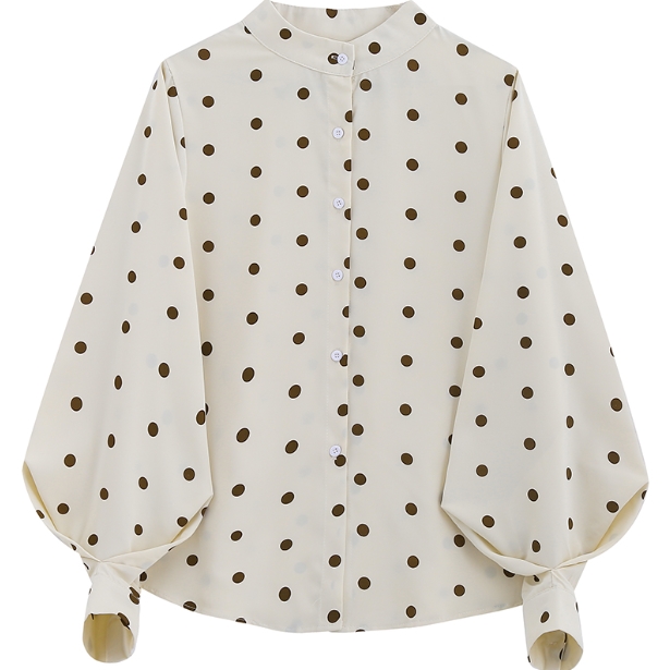 トップス シャツ ブラウス ミディアム丈 袖あり 長袖 ボリューム袖 襟なし スタンドカラー シフォン 前開き かわいい 大人可愛い きれいめ シンプル 大人 上品 おしゃれ お洒落 アジアン エスニック エキゾチック 大人女子 フォーマル とろみ感 柄 ドット柄 春 秋 10代 20代