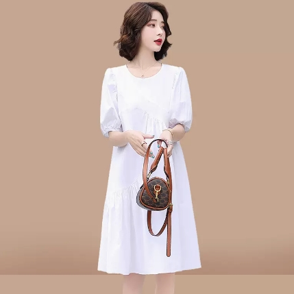 ワンピース ワンピドレス 膝丈 ひざ丈 袖あり 半袖 パフスリーブ ラウンドネック 襟なし セミフレア Aライン かわいい 大人可愛い シンプル カジュアル 大人 上品 おしゃれ お洒落 アジアン エスニック エキゾチック 大人女子 ラフ フォーマル 無地 夏 秋 20代 30代