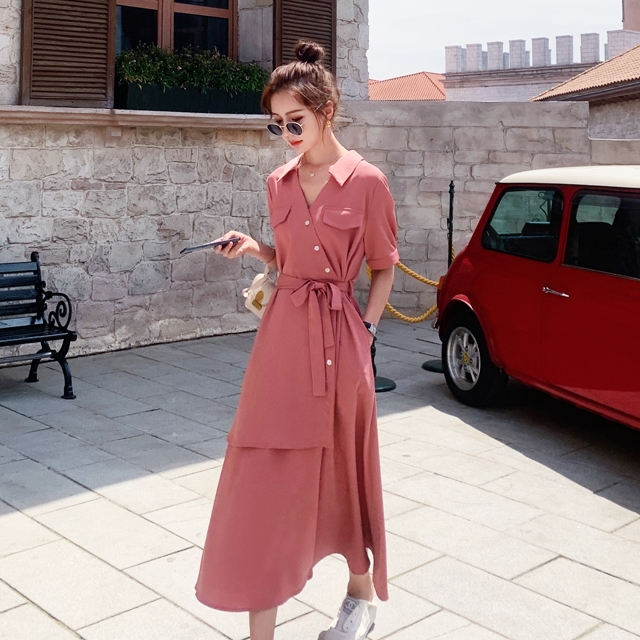 ワンピース シャツワンピース ワンピドレス 膝下 ロング ロング丈 袖あり 半袖 カシュクール 襟付き Aライン シフォン ウエストリボン 切り替えデザイン ドッキング ポケット ハイウエスト かわいい 大人可愛い きれいめ シンプル 上品 おしゃれ アジアン エスニック