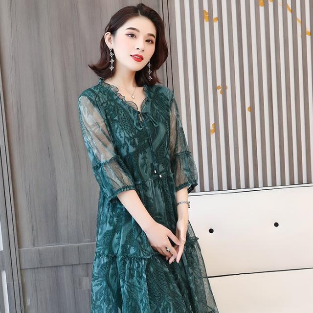 ドレス ワンピース パーティードレス 二次会ドレス 披露宴ドレス 膝丈 ひざ丈 袖あり 七分袖 ラウンドネック 襟なし Aライン リボン ハイウエスト 透け感 シースルー ポリエステル かわいい 大人可愛い きれいめ 上品 おしゃれ アジアン エスニック エキゾチック キュート