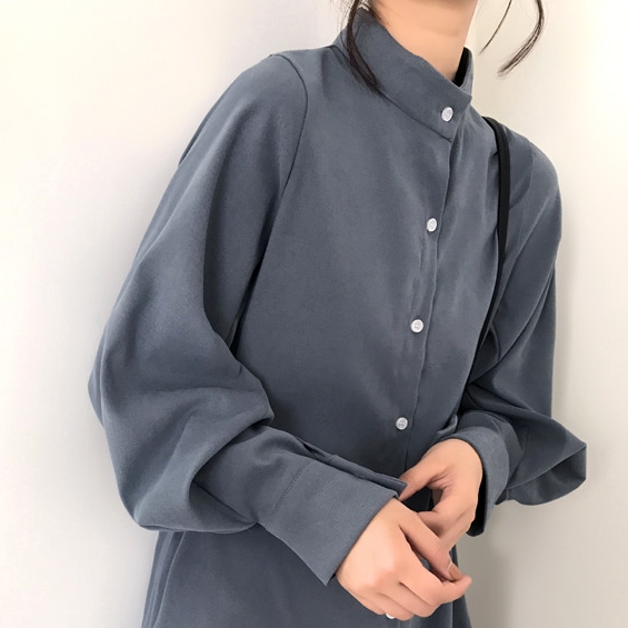 トップス シャツ ロング ロング丈 袖あり 長袖 ボリューム袖 襟なし スタンドカラー 前開き 薄手 かわいい 大人可愛い きれいめ シンプル カジュアル 大人 上品 おしゃれ お洒落 アジアン エスニック エキゾチック こなれ感 無地 春 秋 20代 30代 レディース 女性用 通勤