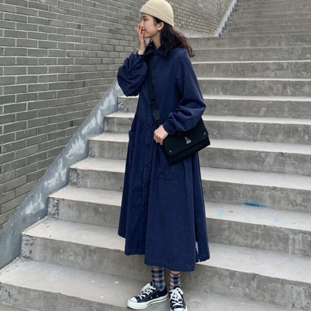 ワンピース シャツワンピース ワンピドレス ロング ロング丈 袖あり 長袖 襟付き セミフレア Aライン ポケット ハイウエスト 前開き かわいい 大人可愛い シンプル カジュアル 大人 おしゃれ レトロ アジアン エスニック エキゾチック ラフ 無地 春 秋 20代 30代 レディース