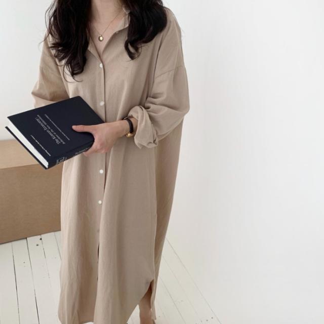 ワンピース シャツワンピース ワンピドレス ロング ロング丈 袖あり 長袖 襟付き ストレート Iライン サイドスリット 前開き 綿 かわいい 大人可愛い シンプル おしゃれ レトロ アジアン エスニック エキゾチック ラフ ルーズ 無地 春 秋 20代 30代 レディース 女性用 通勤