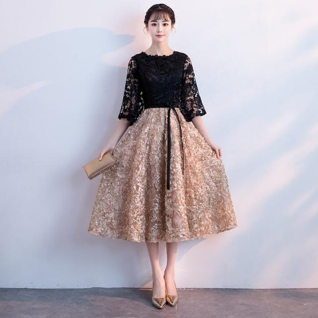 ドレス パーティードレス フォーマルドレス ワンピース ミドル丈 袖あり 七分袖 ラウンドネック 襟なし Aライン フレア レース 刺繍 透け感 かわいい 大人可愛い きれいめ 大人 上品 おしゃれ 豪華 エキゾチック エレガント 主役級 フォーマル 華やか 個性的 柄 花柄 20代