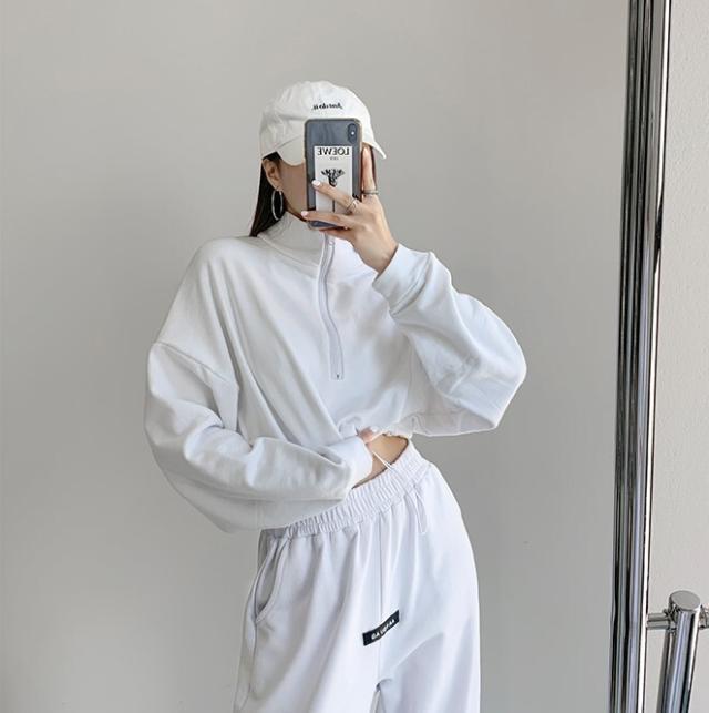 トップス ジッパートップ ジャケット 上着 ハイネック セーター ショート丈 袖あり 長袖 スリーブ 襟あり ルーズフィット ストレート ワイド ストリート ジャージ スポーツ 前開き メンズライク かわいい 大人可愛い 部屋着 シンプル カジュアル おしゃれ レトロ 大人女子