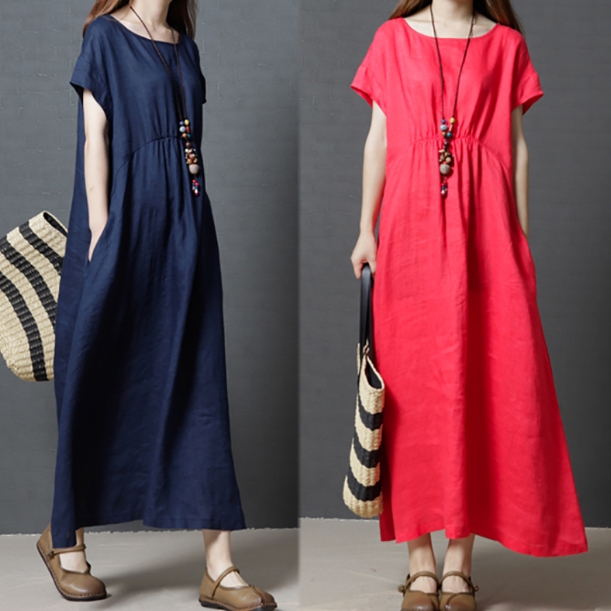 ワンピース リネンワンピース ワンピドレス ロング ロング丈 袖あり 半袖 ラウンドネック 襟なし セミフレア Aライン ポケット ハイウエスト 綿 リネン かわいい 大人可愛い シンプル カジュアル レトロ アジアン エスニック エキゾチック ラフ 存在感 無地 夏 秋 20代 30代