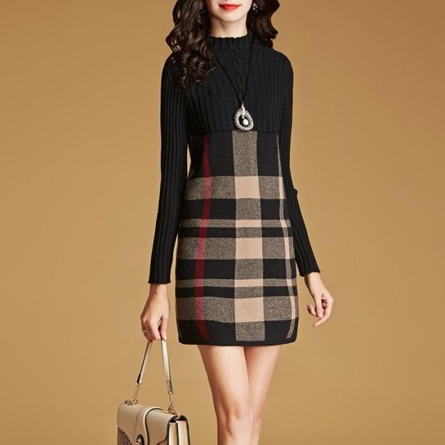 ワンピース ワンピドレス ショート ショート丈 袖あり 長袖 ハイネック 襟なし ストレート Iライン 切り替えデザイン ドッキング ニット 薄手 かわいい 大人可愛い シンプル 上品 おしゃれ アジアン エスニック エキゾチック 存在感 無地 柄 チェック柄 秋 冬 10代 20代