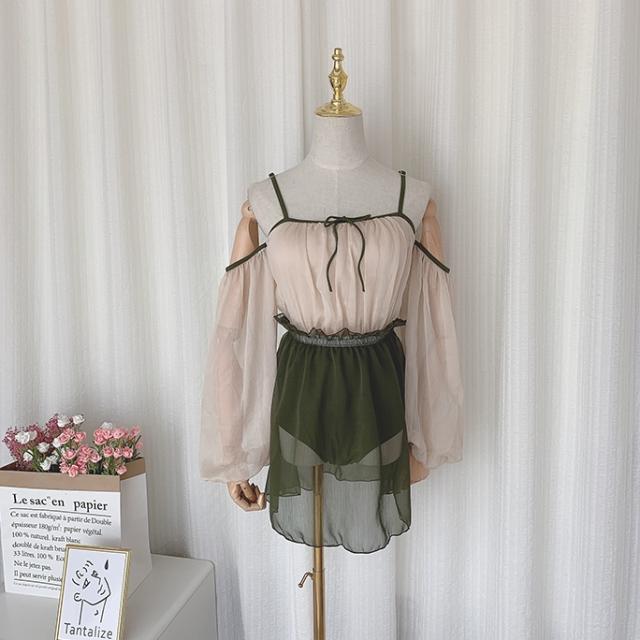 水着 ビキニ ワンピース水着 ワンピース オフショルダー オフショル ノンワイヤー パッド付き 紐 ハイレグ 長袖 リボン シフォン バックリボン 水陸両用 セット かわいい 大人可愛い セクシー シンプル ナチュラル 大人 大人っぽい おしゃれ お洒落 存在感 女っぽ ラブリー