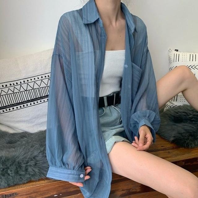 トップス シャツ ロング ロング丈 袖あり 長袖 襟付き ポケット 前開き 透け感 シースルー 薄手 かわいい 大人可愛い シンプル カジュアル 大人 おしゃれ お洒落 アジアン エスニック エキゾチック 大人女子 ラフ ルーズ 無地 春 夏 秋 10代 20代 レディース 女性用 通勤