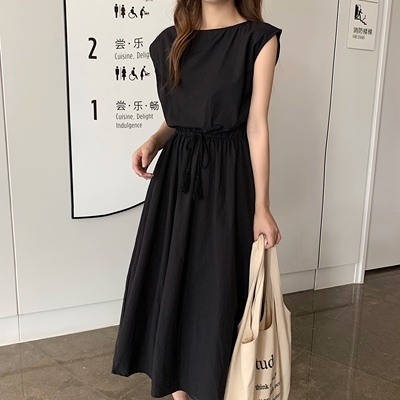 リネンタッチ マキシ丈 ワンピ ワンピース フレアワンピース ロング ロング丈 マキシ 袖あり フレンチスリーブ Uネック クルーネック ボートネック 襟なし フレア Aライン ウエストマーク ハイウエスト ドローコード リネン かわいい 大人可愛い きれいめ シンプル カジュアル