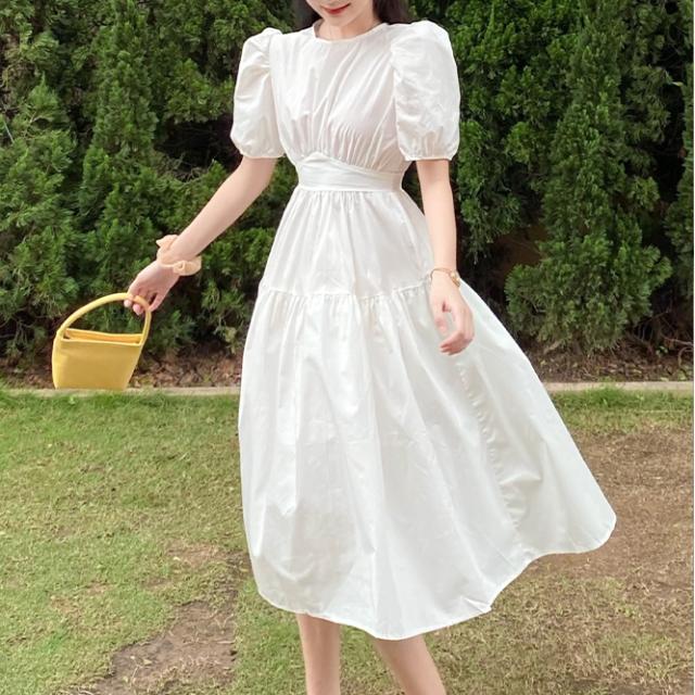 パフスリーブ ワンピ ワンピース フレアワンピース ティアードワンピース ロング ロング丈 袖あり 半袖 Uネック クルーネック 襟なし フレア Aライン ウエストマーク バックシャン バックコンシャス ハイウエスト かわいい 大人可愛い きれいめ シンプル カジュアル 大人 上品