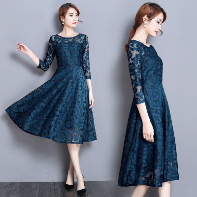 ドレス ワンピース パーティードレス レースワンピース ラウンドネック 膝下丈 ミモレ丈 七分袖 半袖  Aライン ベルト ハイウエスト 透け感 シースルー かわいい 大人可愛い きれいめ 上品 おしゃれ フェミニン キュート エレガント 主役級 フォーマル 無地 10代 20代 30代