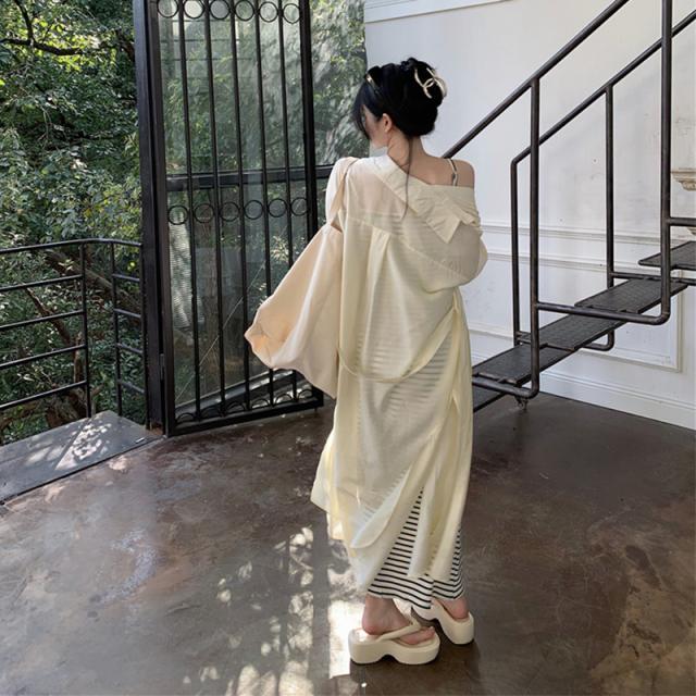 ロング シャツ ワンピ トップス アウター ブラウス ガウン シャツワンピース ロング丈 マキシ マキシ丈 袖あり 長袖 ベルト サイドスリット 前開き 透け感 かわいい 大人可愛い きれいめ シンプル カジュアル 大人 上品 おしゃれ 大人女子 こなれ感 ラフ キュート ルーズ