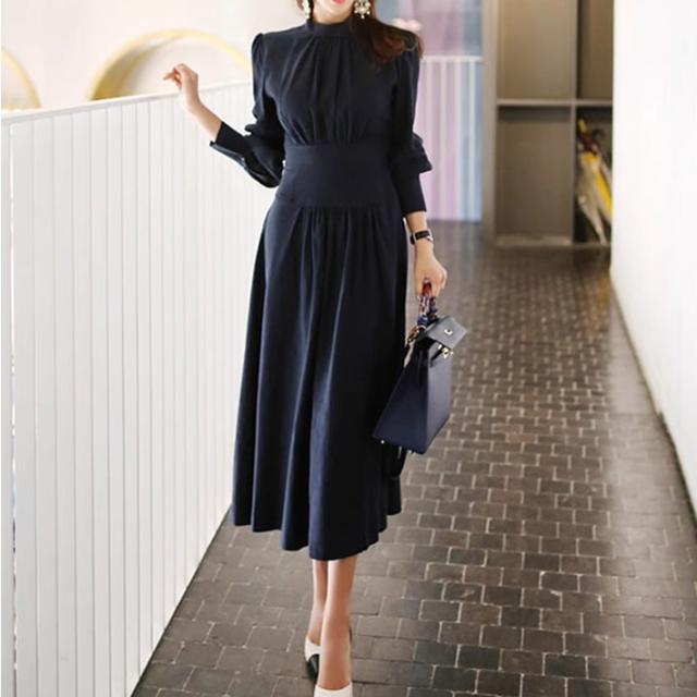 プチハイネック プリーツ 切り替え ワンピ ワンピース ロング ロング丈 長袖 パフスリーブ ハイネック 襟なし フレア ウエストマーク 切り替えデザイン ハイウエスト かわいい 大人可愛い きれいめ シンプル 大人 上品 おしゃれ 大人女子 こなれ感 クール モード系 エレガント