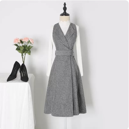 ベルト付き ジャンパースカート ジャｙンスカ ワンピース ワンピドレス ロング ロング丈 袖なし ノースリーブ Vネック 襟付き フレア Aライン ウエストマーク ツイード かわいい 大人可愛い きれいめ シンプル カジュアル 大人 上品 おしゃれ 大人女子 こなれ感 モード系