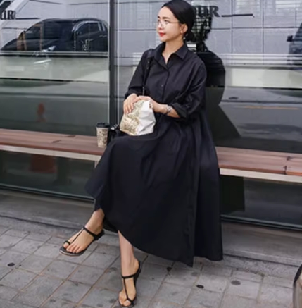 フレアワンピース シャツワンピース ワンピドレス ロング ロング丈 袖あり 長袖 襟付き フレア Aライン ブラウス 体型カバー 前開き かわいい 大人可愛い シンプル カジュアル 大人 おしゃれ レトロ アジアン エスニック エキゾチック ラフ 無地 春 秋 20代 30代 40代 50代