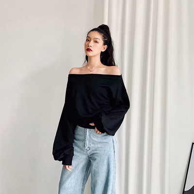 トップス Tシャツ カットソー リブ オフショル ミディアム丈 袖あり 長袖 ボリューム袖 フレア セミフレア 細身 ラウンドネック ストレート ワイド Aライン Iライン マーメイド 切り替えデザイン スマート かわいい 大人可愛い きれいめ シンプル カジュアル 上品 おしゃれ