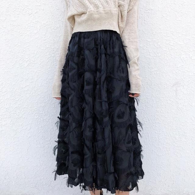 フェザースカート フレアスカート Aライン ミモレ丈 大き揺れる ふわふわ フェアリー かわいい 大人可愛い きれいめ シンプル カジュアル 大人 上品 おしゃれ お洒落 かっこいい レトロ こなれ感 ラフ ラブリー キュート ガーリー 個性的 モード系 セクシー エレガント モダン