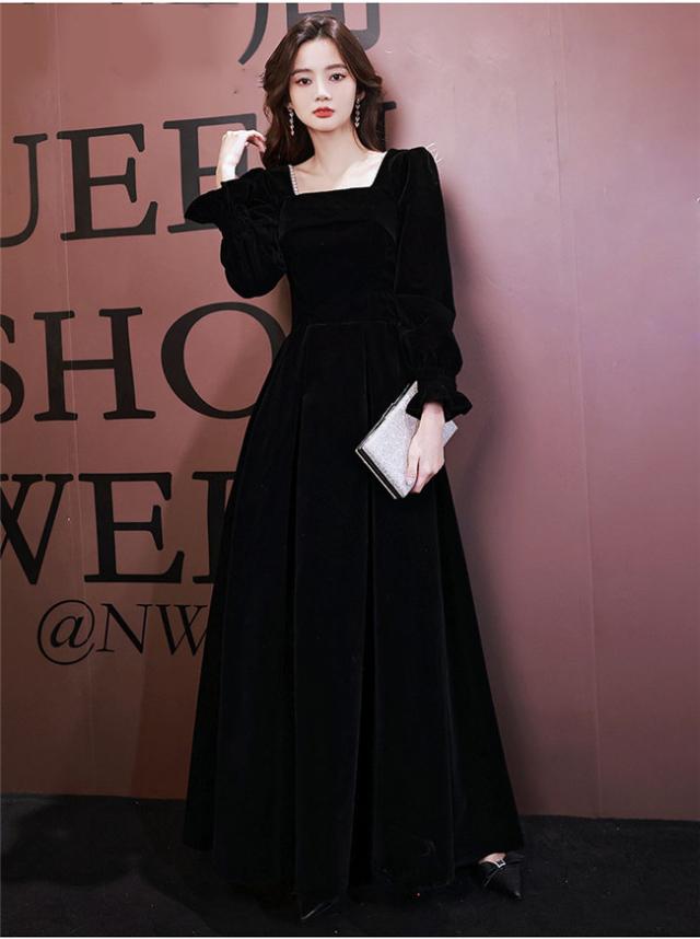 ドレス 大人 ピアノ 発表会 スクエアネック 長袖 ベルベット