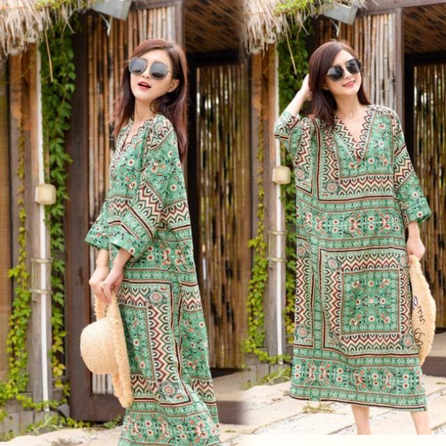 夏ワンピ リゾートワンピース 沖縄 可愛い ゆったり ロング丈　夏ワンピース 夏 リゾートワンピ 旅行 海 海辺 バカンス デート お出かけ  グリーン