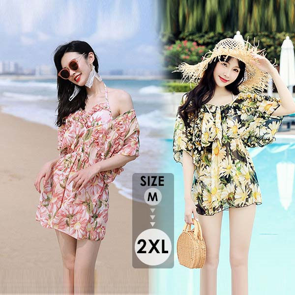 【レビュー投稿で+5%還元】ワンピース水着 ワンピース ワンピ レディース 水着 体型カバー 花柄 小柄 海 温泉 おしゃれ 袖あり 半袖 ぽわん袖 リゾート 旅行 ガーリー 大人 可愛い 韓国風 女性用 ピンク グリーン M L 2L 3L df583c0