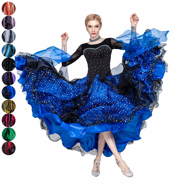 【サイズ有S/M/L/XL/2XL/3XL】11カラー サイズ指定可 社交ダンス モダンドレス 社交ダンス衣装 大きいサイズ 大きい裾 社交ダンス ドレス スタンダードドレス ワルツダンス ダンス衣装 競技会用 デモ用 パーティー用 練習着 演出用 赤 黄 青 緑 紫 黒 紺 白