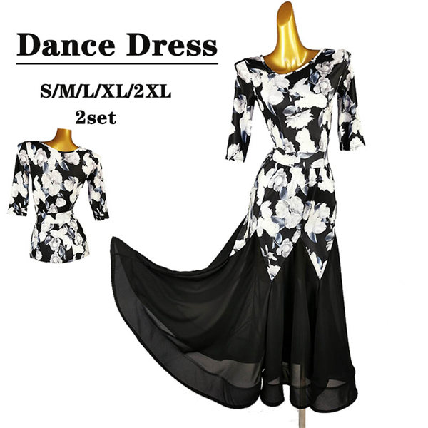 社交ダンスドレス ダンス衣装 社交ダンス ドレス 衣装　ダンスドレス ラウンドネック セパレート セットアップ 長袖 袖あり 透け感 柄あり