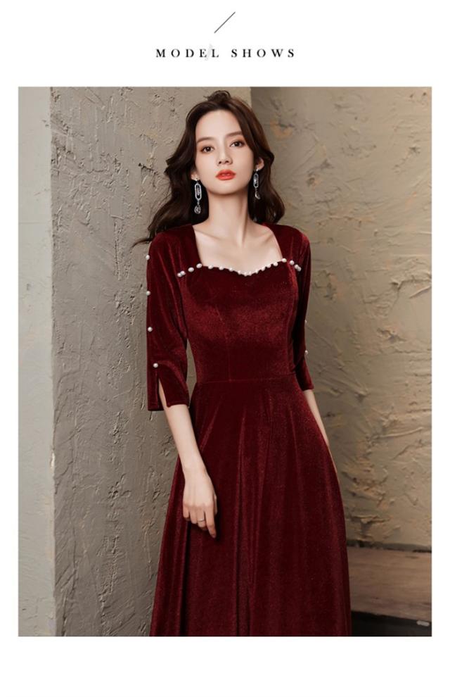 ドレス 大人 ピアノ 発表会 ミモレ丈ドレス ワインレッド 五分袖 演奏