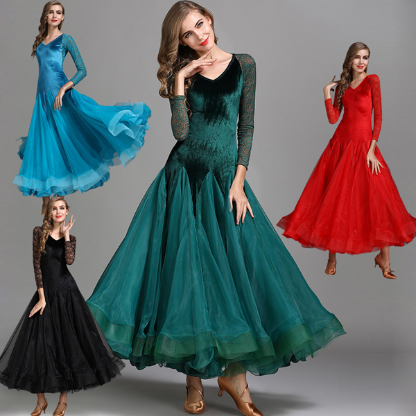 全4色 社交ダンス 衣装　モダンドレス ラテン衣装 ワルツダンスドレス ダンスウエア インターナショナルダンス 大きい裾 ダンス衣装 モダンダンス ワンピース スタンダードドレス ブラック ブルー レッド グリーン 競技着 演出用