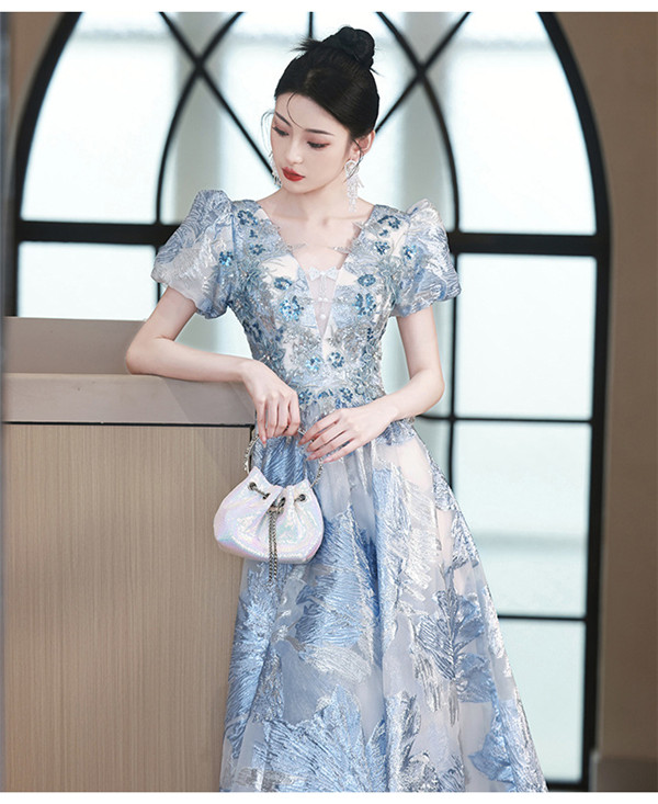 ドレス 大人 キラキラ スパンコール 羽 刺繍 発表会 ポワン袖 ロング丈