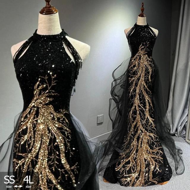 パーテイードレス ロング丈ドレス キラキラ レディース 着痩せ 発表会 演奏会 二次会 大きいサイズ エレガント 20代 30代 40代 大人 可愛い 結婚式 披露宴 フォーマルドレス ブラック