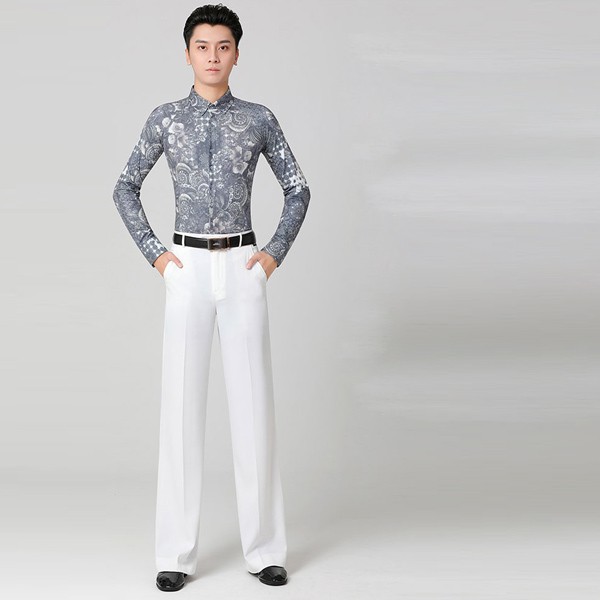 男性社交ダンス 衣装 ズボン ホワイト 競技着 モダン 無地 メンズ ラテン 練習着 ワルツ 夏 秋 チャチャチャ ルンバ カウボーイ ステージ 小さいサイズ　カウボーイダンス 演出着 大きいサイズ38