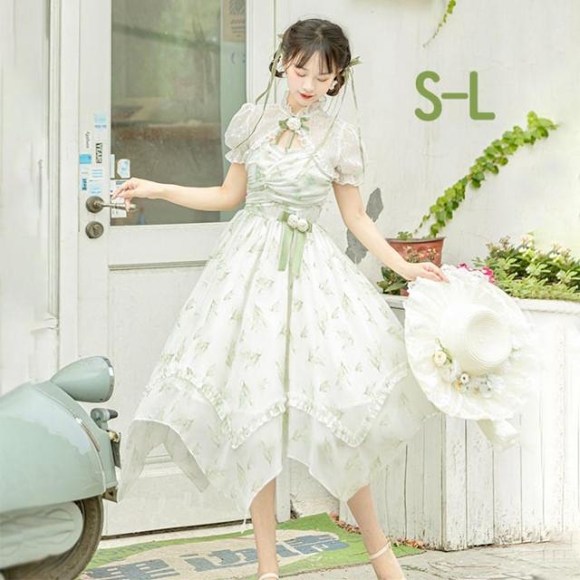 ロリータファション ロリータ ワンピース リボン Aライン ショット丈 Lolita ゆめかわ フリル 可愛い 萌え萌え 友達 姉妹 プレゼント レディース コスチューム 仮装 ハロウィン 学園祭 文化祭 お姫様 dd022lclclc