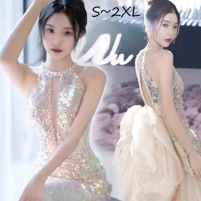 パーティードレス ロング丈 ドレス レディース ピアノ 発表会 結婚式 ワンピース イブニングドレス フォーマル 大人 ドレス エレガント お呼ばれ 二次会 披露宴 演奏会 忘年会 司会ドレス 大きいサイズ シルバー