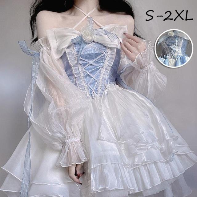 ワンピース ロリータ Lolita ドレス ブルー ホワイトリボン トレーン フィッシュテール プリンセス パフスカート フォーマル パーティー ドレス エレガント コスプレ S M L XL 2XL