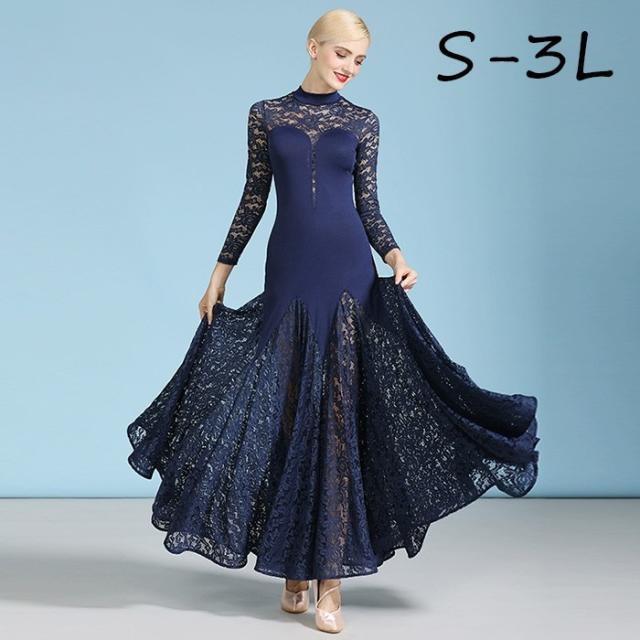 社交ダンス 衣装 透け感 モダンドレス 練習着 ロングワンピース ウェア イベント 競技 大きい裾 レディースダンス ステージ ワルツ ネイビー ダンスウエア ダンス発表会 団体 イベント演出用 S M L 2L 3L