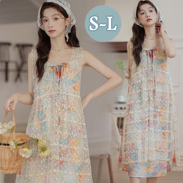 ワンピース 袖なし 水玉柄 花柄 2点セット リボン 夏ワンピ 可愛い ゆったり ロング丈 レース フリル オシャレ カジュアル 夏ワンピース 夏 リゾートワンピ お出かけ デート 旅行 海 海辺 バカンス ピンク マルチカラー S M L