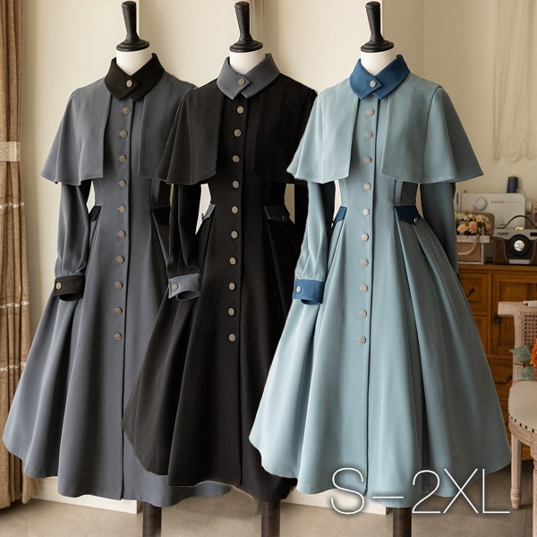 ロリータ ワンピース レディース マント ロリータコート アウター ゴスロリ ミモレ丈 冬服 Aライン ハイウエスト ロリィタファッション 長袖 無地 コスチューム衣装 かわいい 日常着 仮装 春 秋 パーティ イベント 大きいサイズ ブルー グレー ブラック黒