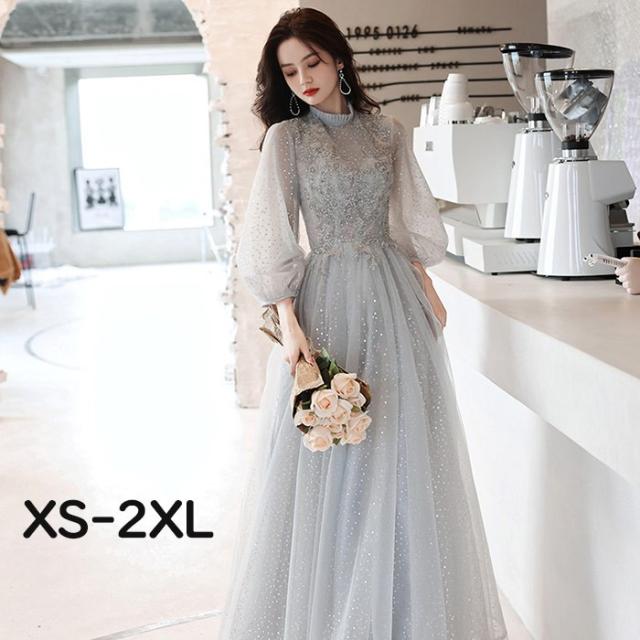 ドレス レディース ロング丈  ピアノ 発表会 パーティードレス 結婚式  イブニングドレス フォーマル 大人 ドレス エレガント  お呼ばれ 袖あり 長袖  二次会 披露宴 演奏会 忘年会 司会ドレス  グレー