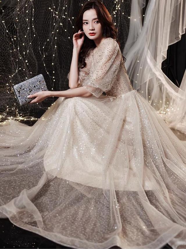 ドレス 五分袖 キラキラ 大人 ピアノ 発表会 ロングドレス 演奏会 演奏