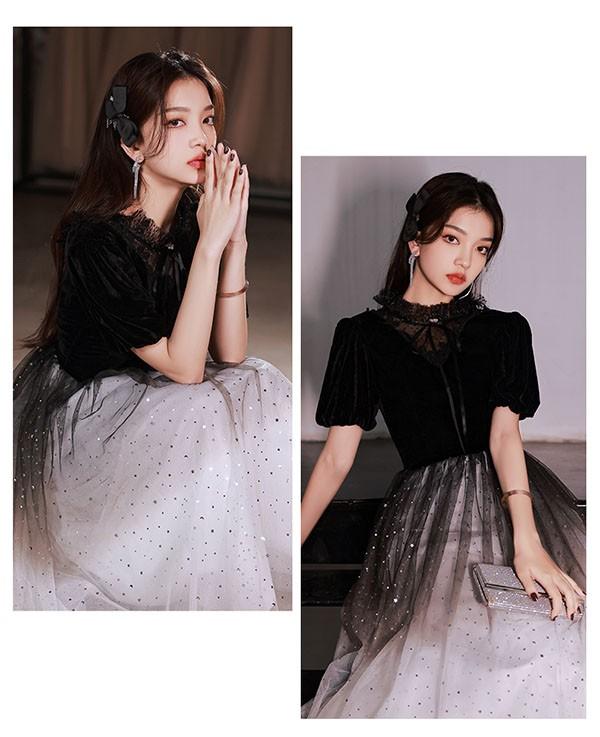 パーティードレス ロング 演奏会 袖付き キラキラ ドレス ブラック 黒